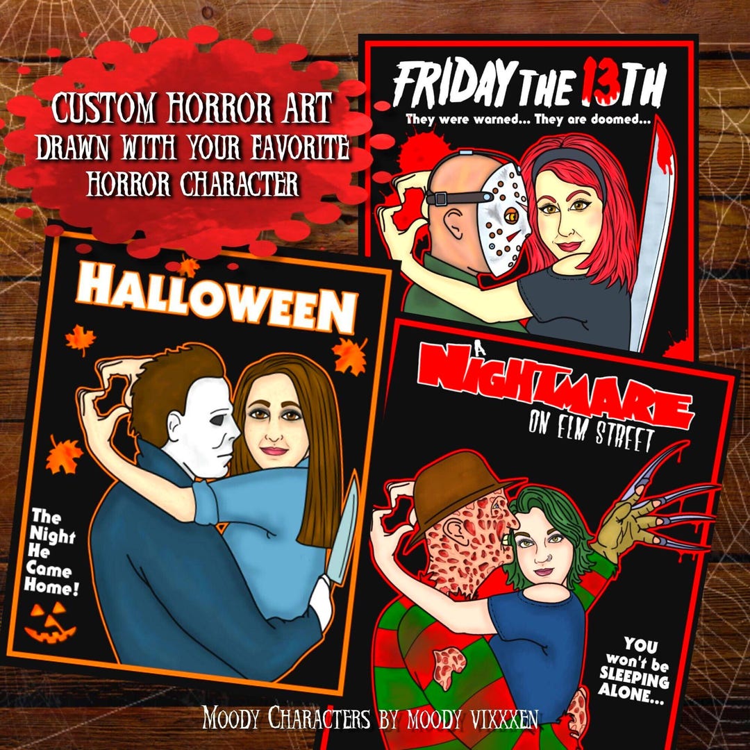 Custom Hand Drawn Horror Art With Favorite Movie Characters Heart Hand ...