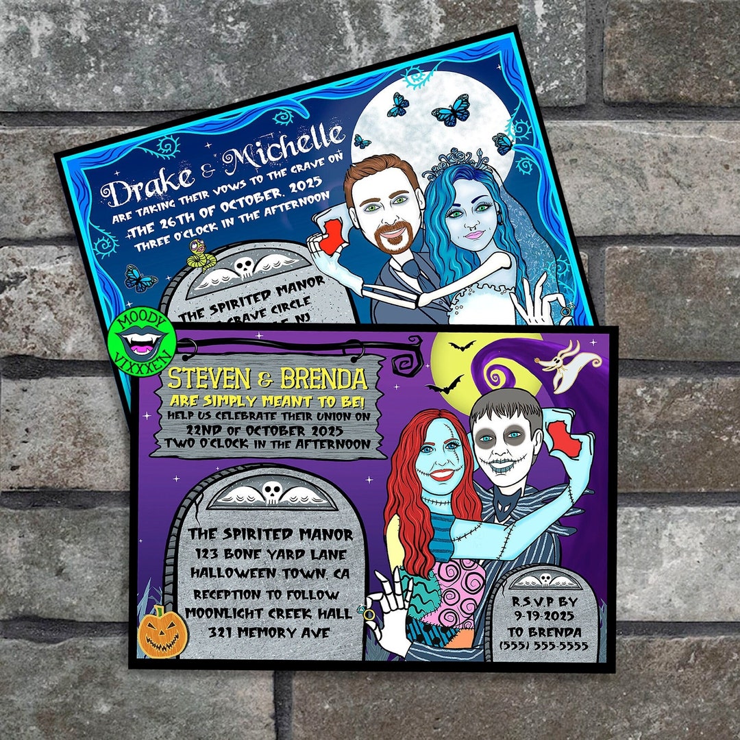 Custom Hand Drawn Wedding Invitation Jack and Sally Corpse Bride Goth ...