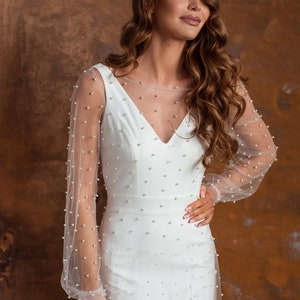 Pearl Overlay Gown, Modern Wedding Dress, Bishop Sleeve, V Shaped Dress ...