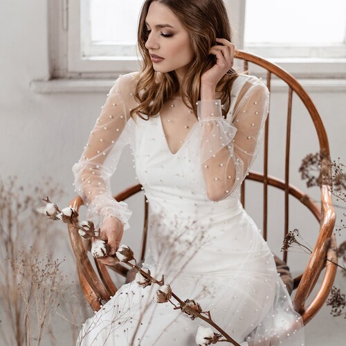 Pearl Overlay Top Modern Wedding Dress Angel Sleeve V - Etsy