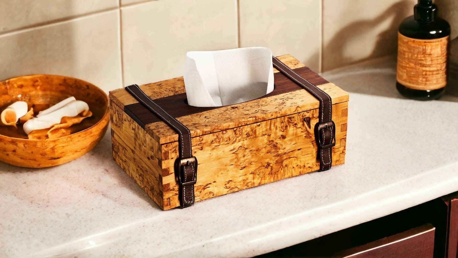 Wood Tissue Box Holder Burl Box Tissue Cover With Leather Straps Tissue ...