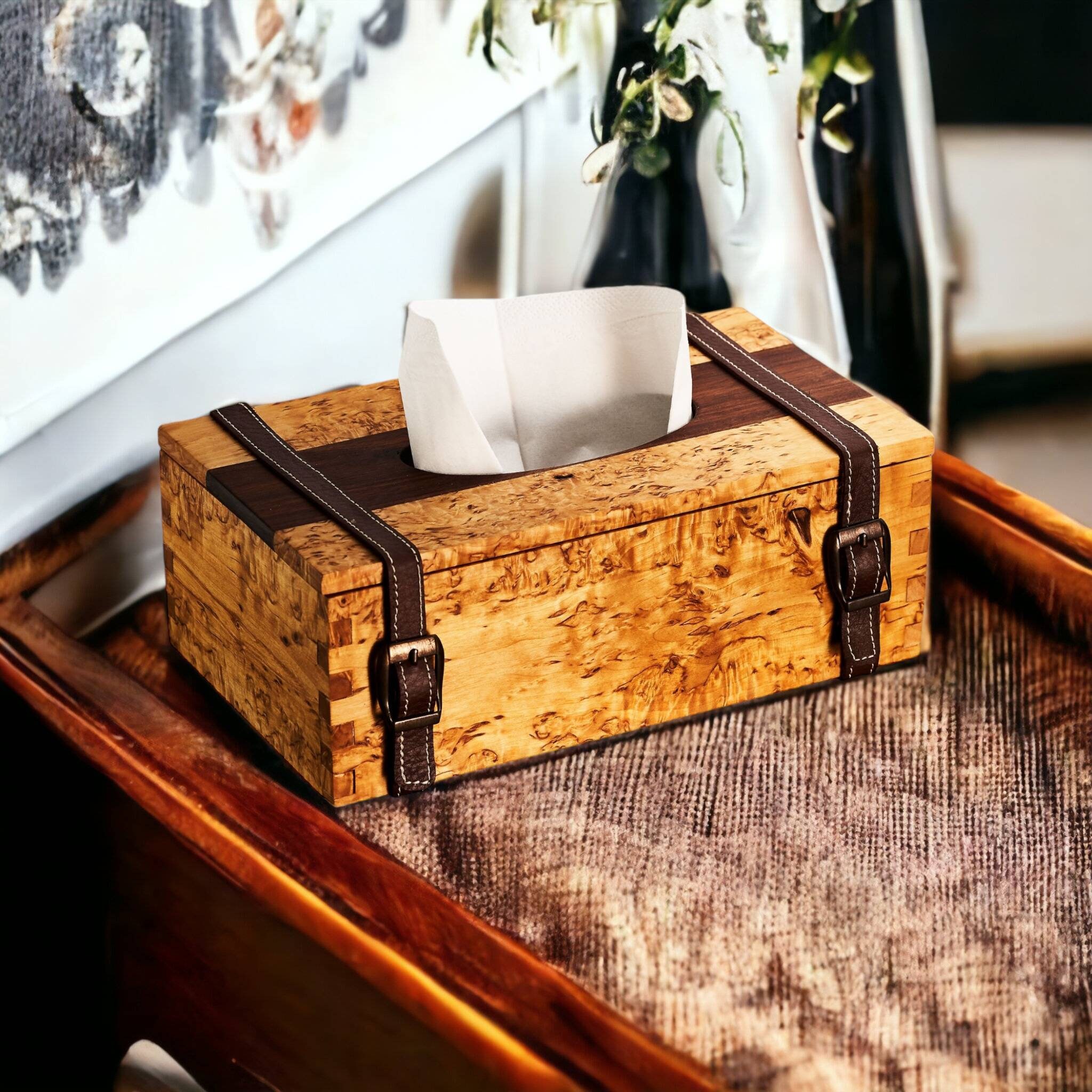Wood Tissue Box Holder Burl Box Tissue Cover With Leather Straps Tissue ...