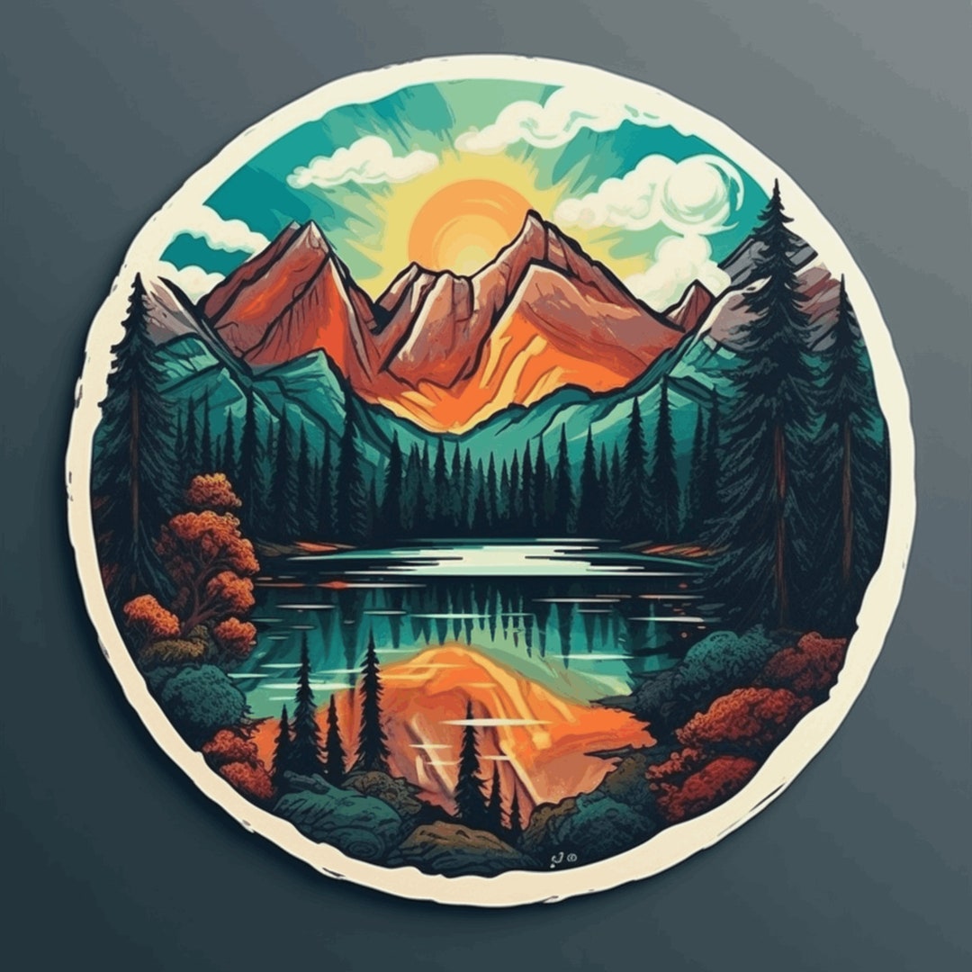 Colorful Mountain Lake Forest River Sticker, Vinyl Stickers Decals ...