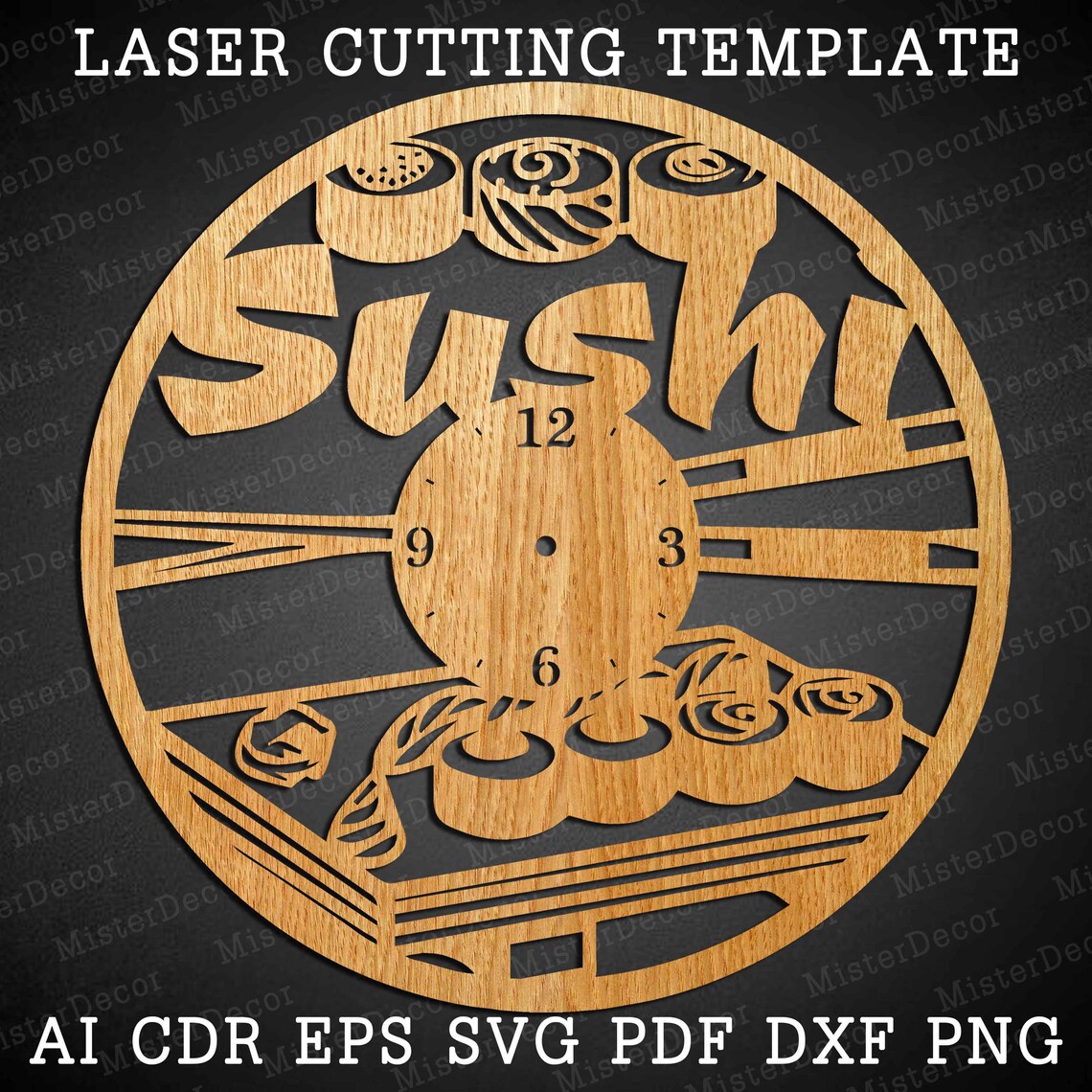 Sushi Clock Laser Cut Files SVG Vector File Ai, Cdr, Dxf Eps, Pdf Png ...