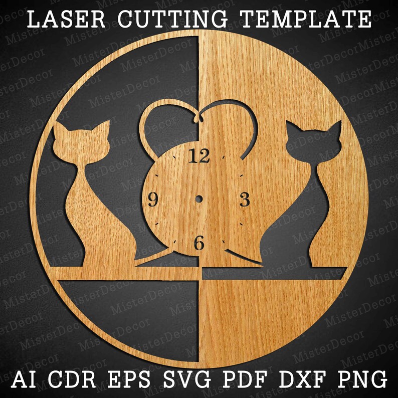 Cat Wall Clock Laser Cut Files, SVG File. Vector File Ai, Cdr, Dxf ...