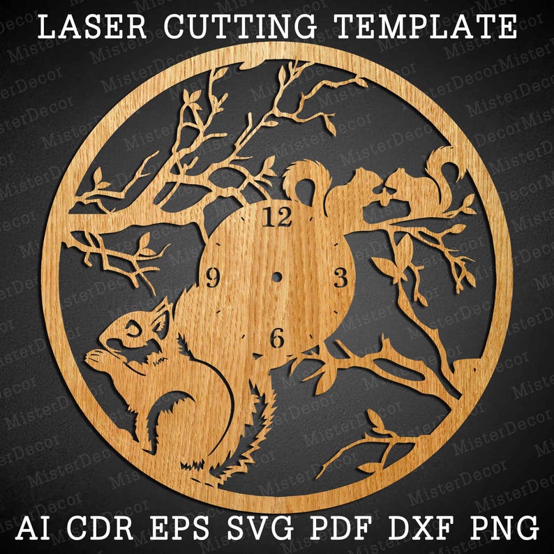 Squirrels Clock Laser Cut Files SVG Vector File Ai Cdr Dxf Eps Pdf Png Download Digital Design ...