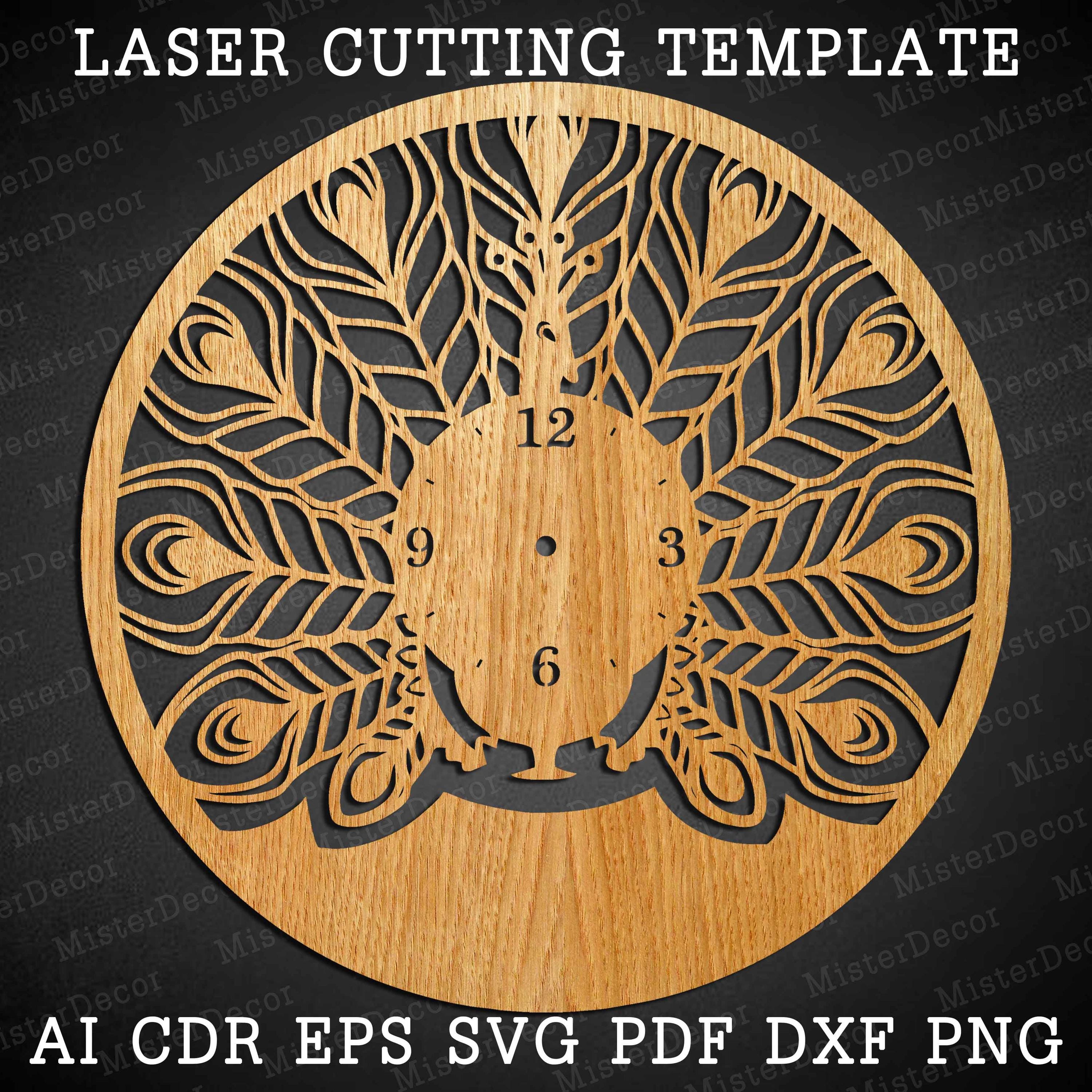 Peacock Clock Laser Cut Files SVG Vector File Ai, Cdr, Dxf, Eps, Pdf ...