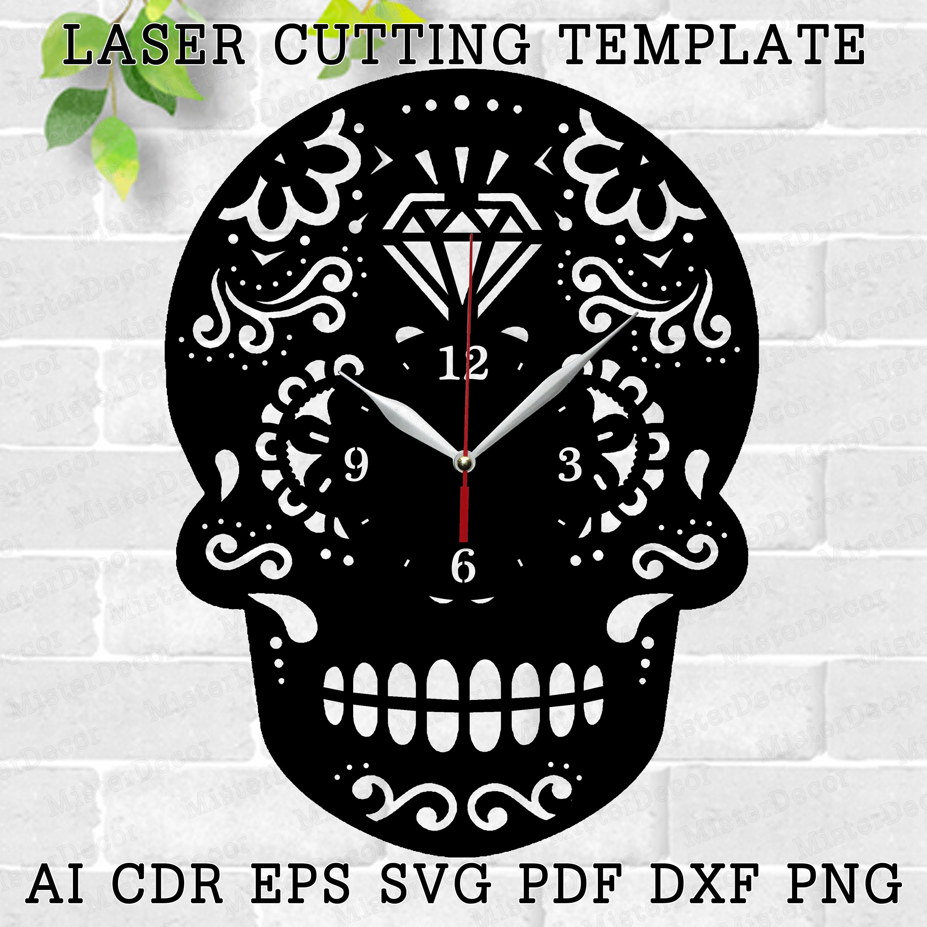 Sugar Skull Clock Laser Cut Files, SVG File. Vector File Ai, Cdr, Dxf ...