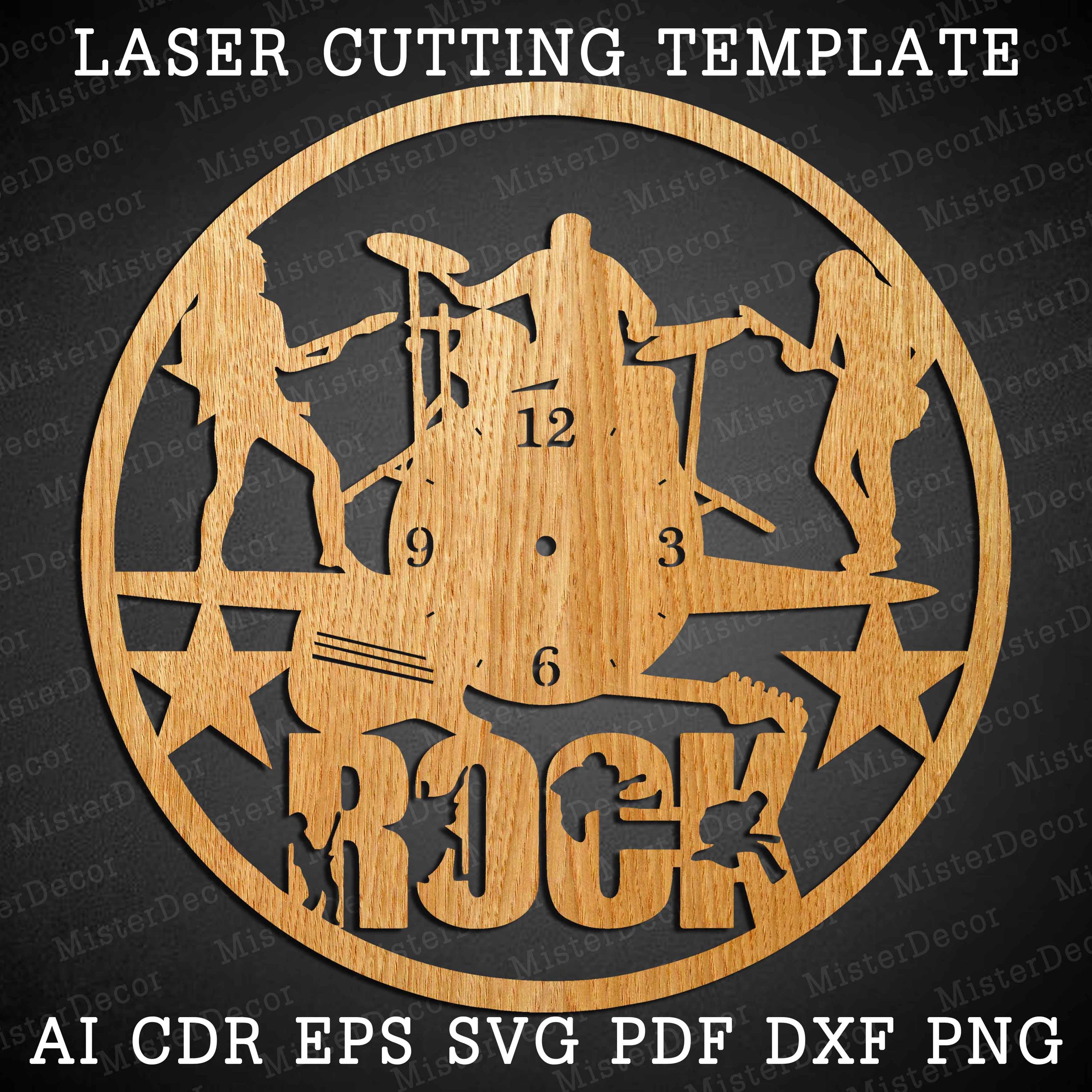 Hard Rock Clock Laser Cut Files SVG Vector File Ai, Cdr, Dxf, Eps, Pdf ...