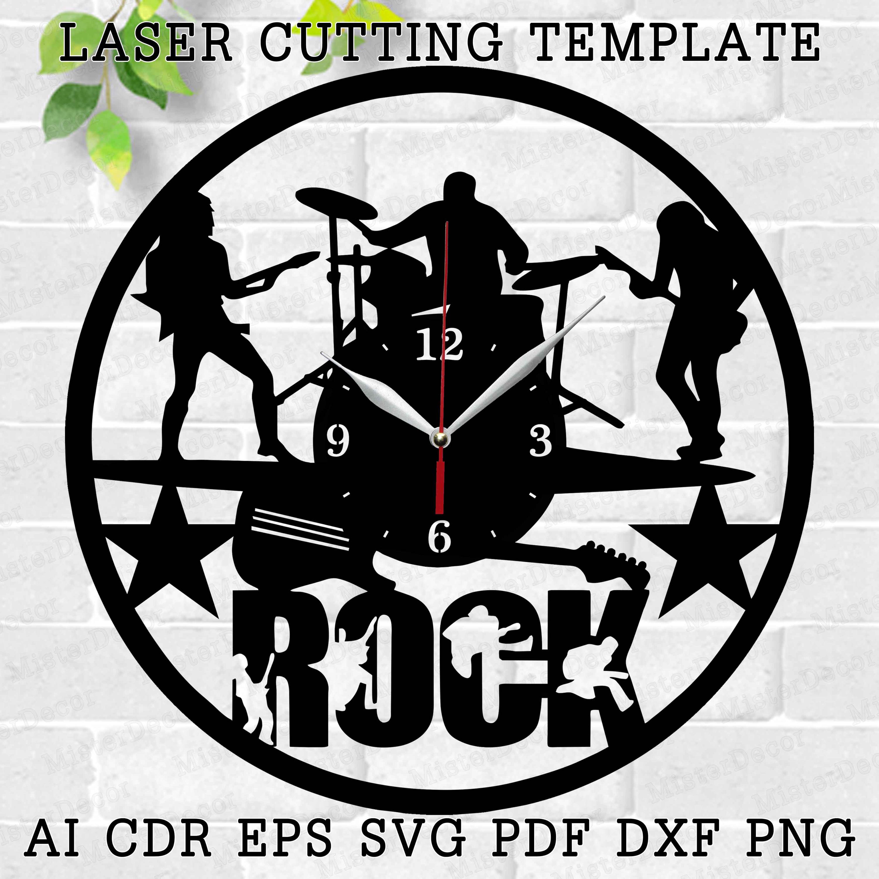 Hard Rock Clock Laser Cut Files SVG Vector File Ai, Cdr, Dxf, Eps, Pdf ...
