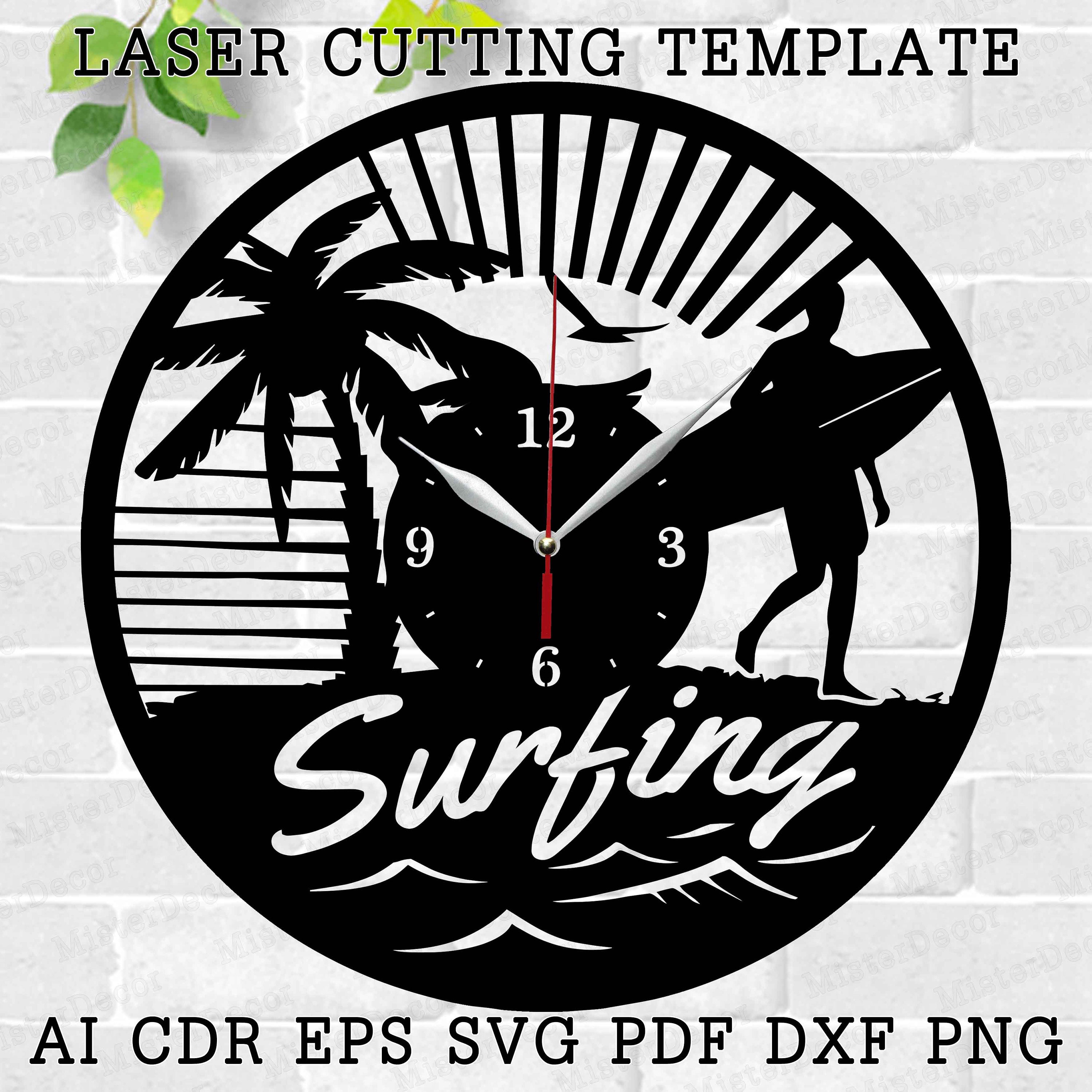 Surfing Wall Clock Laser Cut Files, SVG File. Vector File Ai, Cdr, Dxf ...