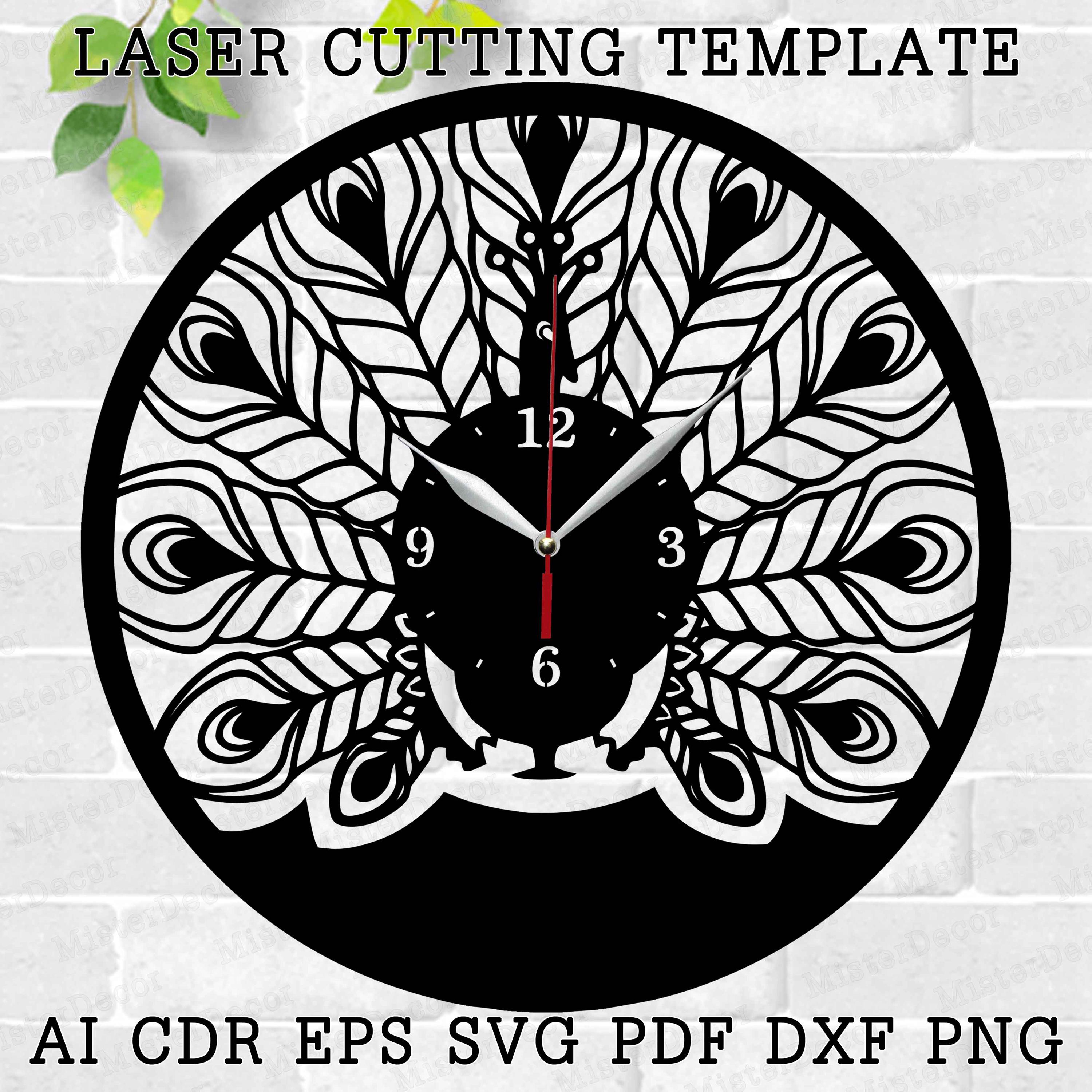 Peacock Clock Laser Cut Files SVG Vector File Ai, Cdr, Dxf, Eps, Pdf ...