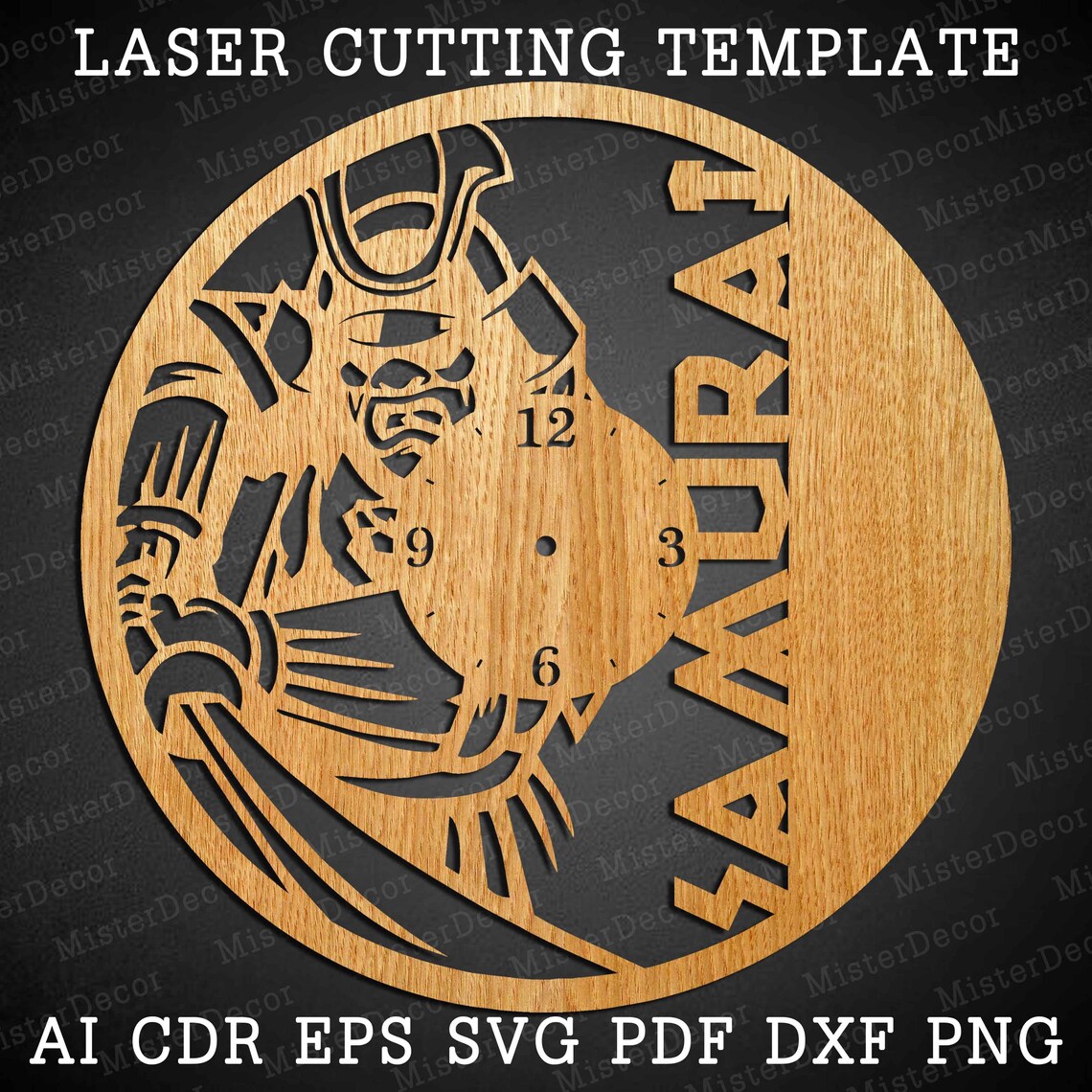 Samurai Clock Laser Cut Files SVG Vector File Ai, Cdr, Dxf, Eps, Pdf ...