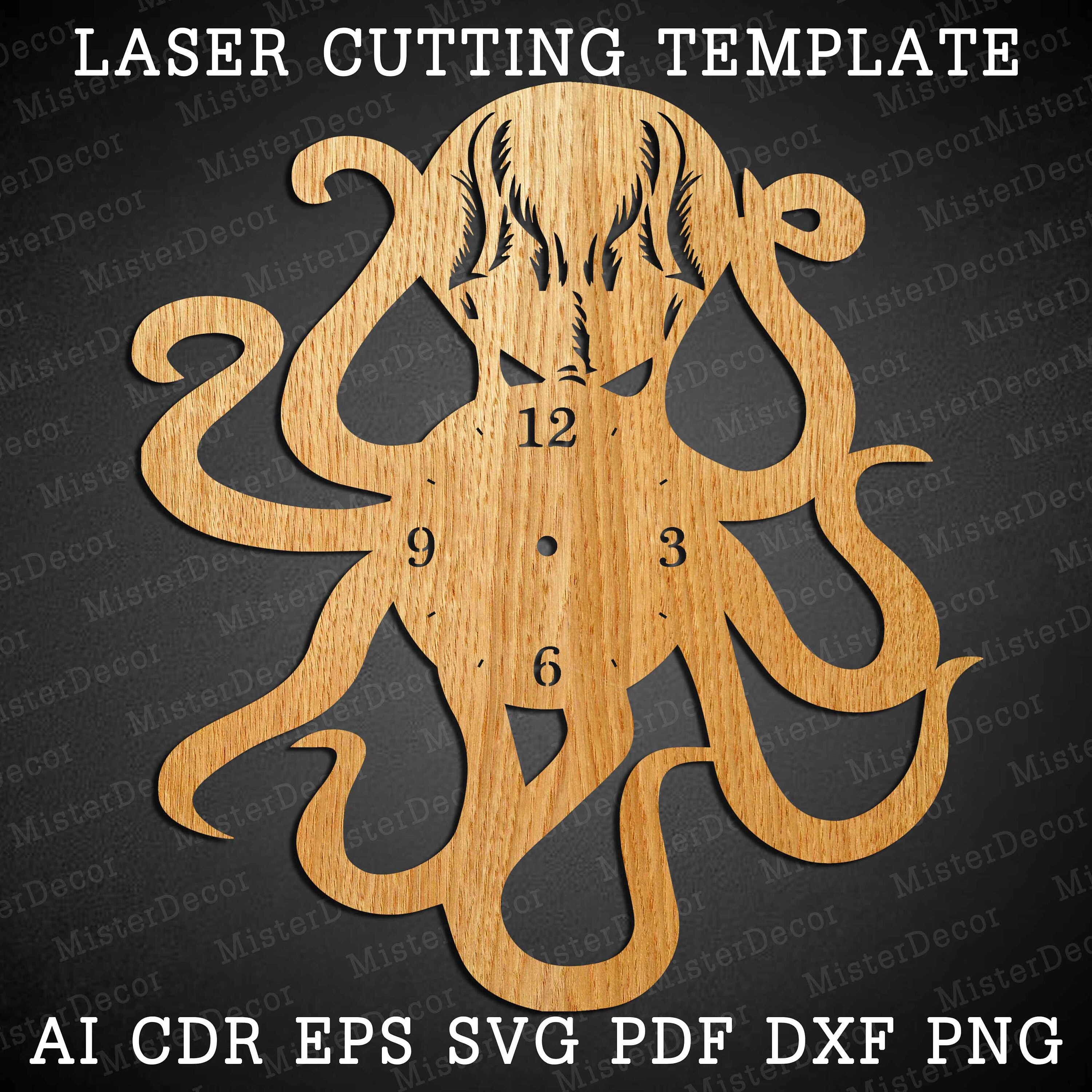 Octopus Clock Laser Cut Files, SVG File. Vector File Ai, Cdr, Dxf ...