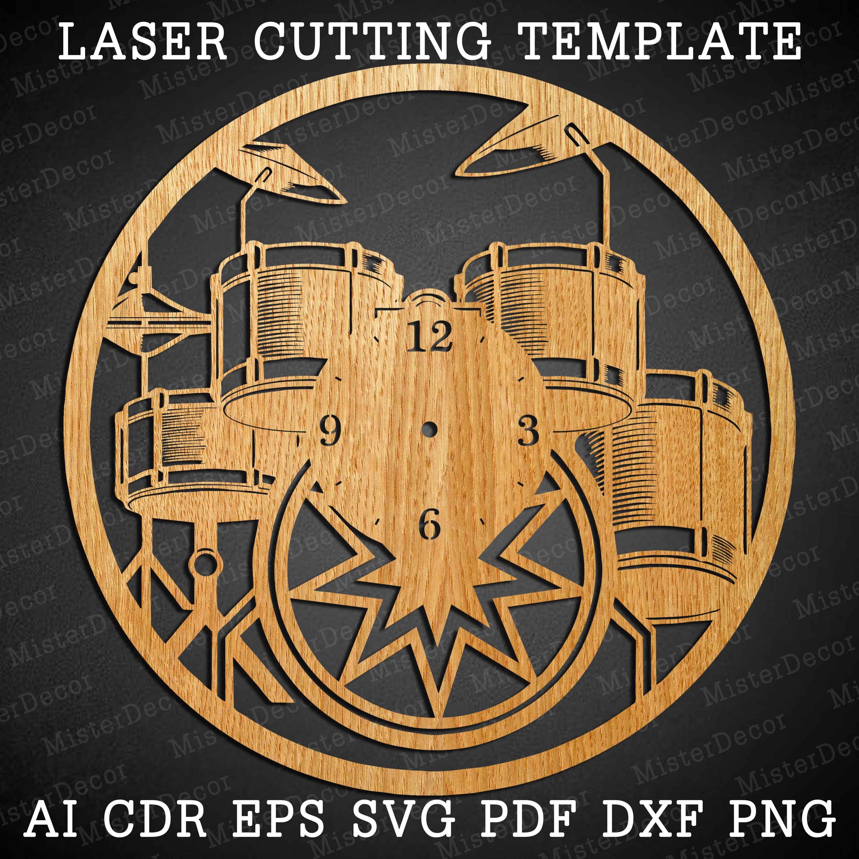 Drums Clock Laser Cut Files SVG File Vector File Ai Cdr Dxf Instant ...