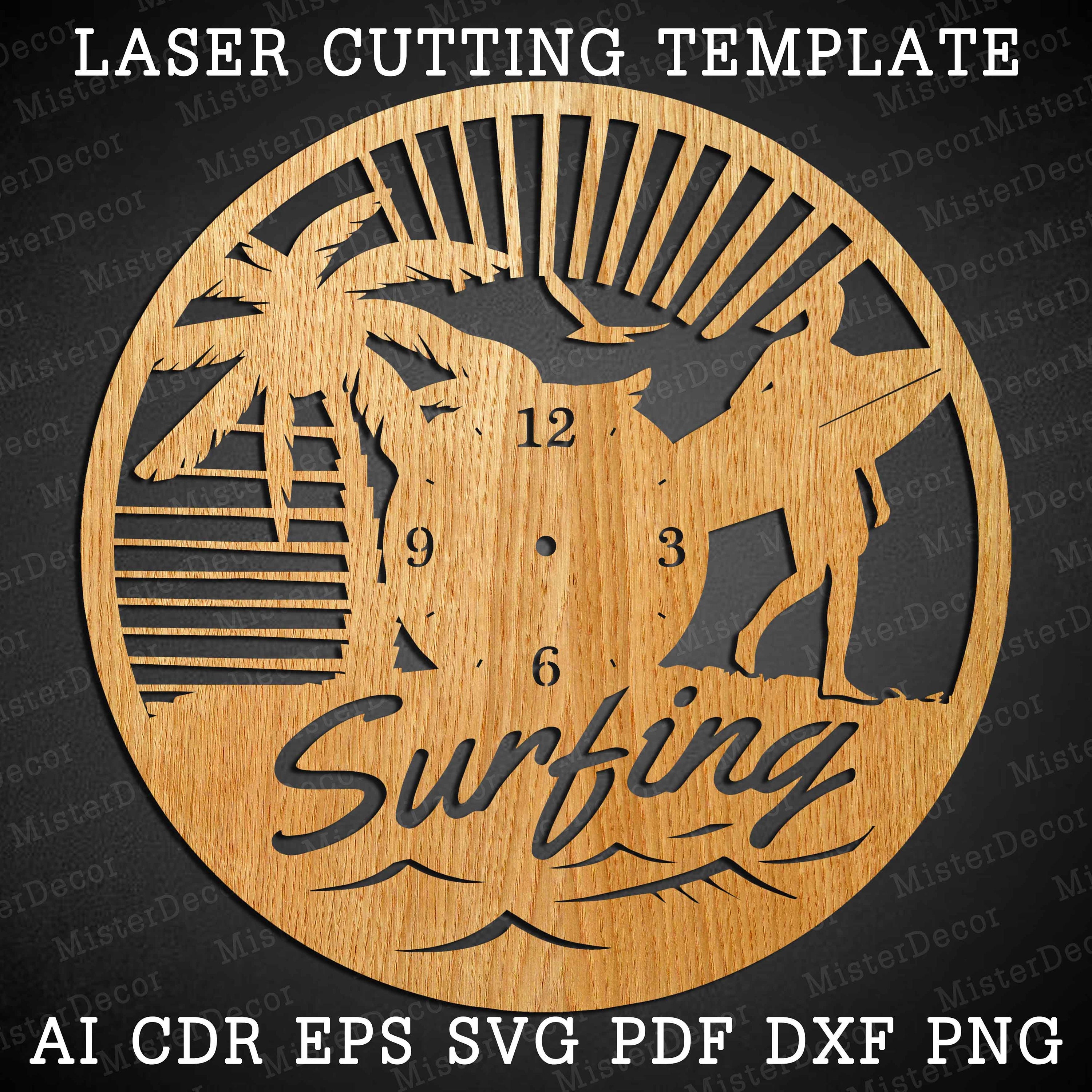 Surfing Wall Clock Laser Cut Files, SVG File. Vector File Ai, Cdr, Dxf ...