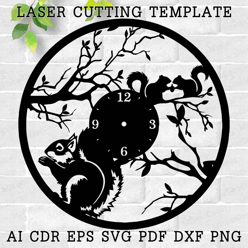 Squirrels Clock Laser Cut Files SVG Vector File Ai Cdr Dxf Eps Pdf Png Download Digital Design ...