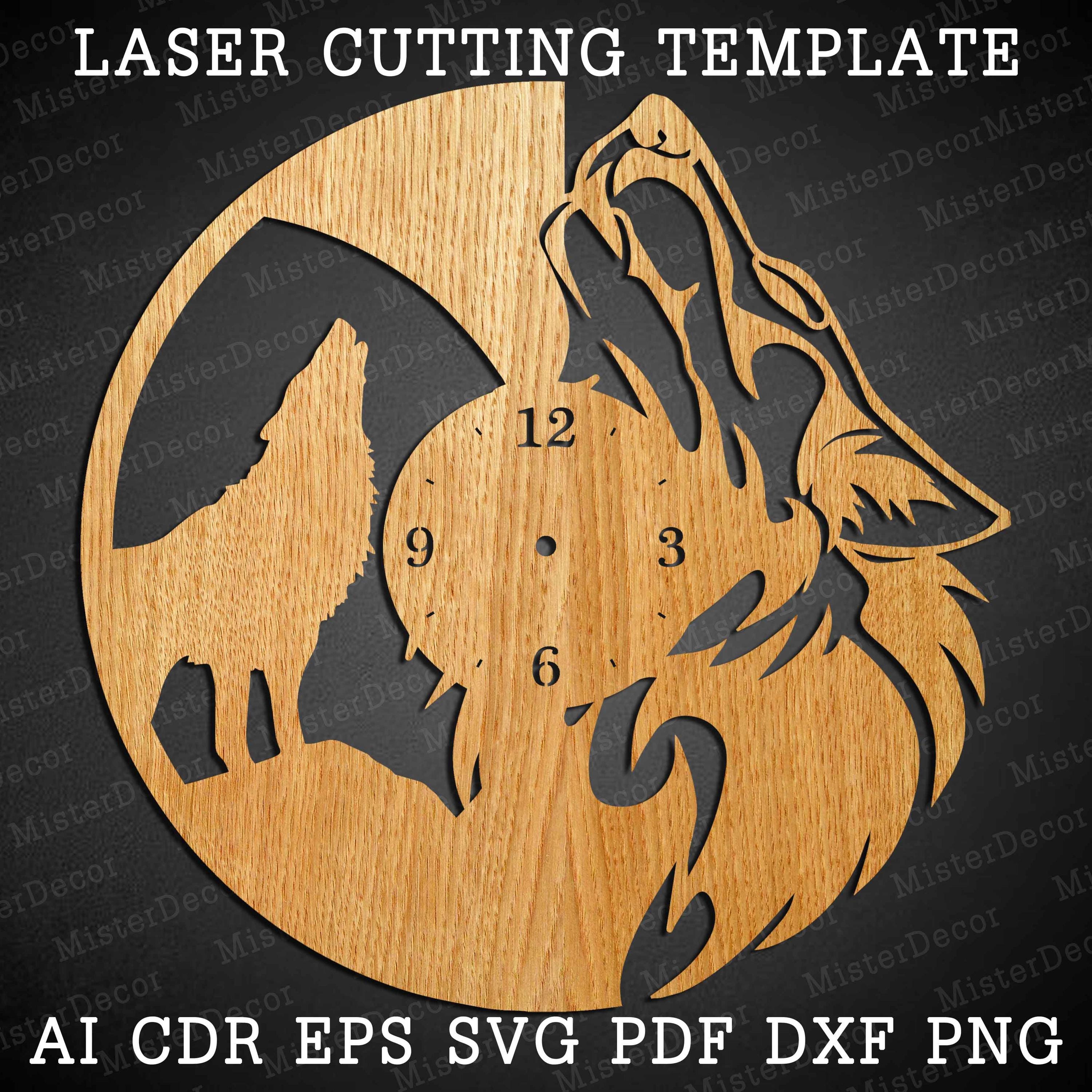 Wolf Clock Laser Cut Files, SVG File. Vector File Ai Cdr Dxf Instant ...