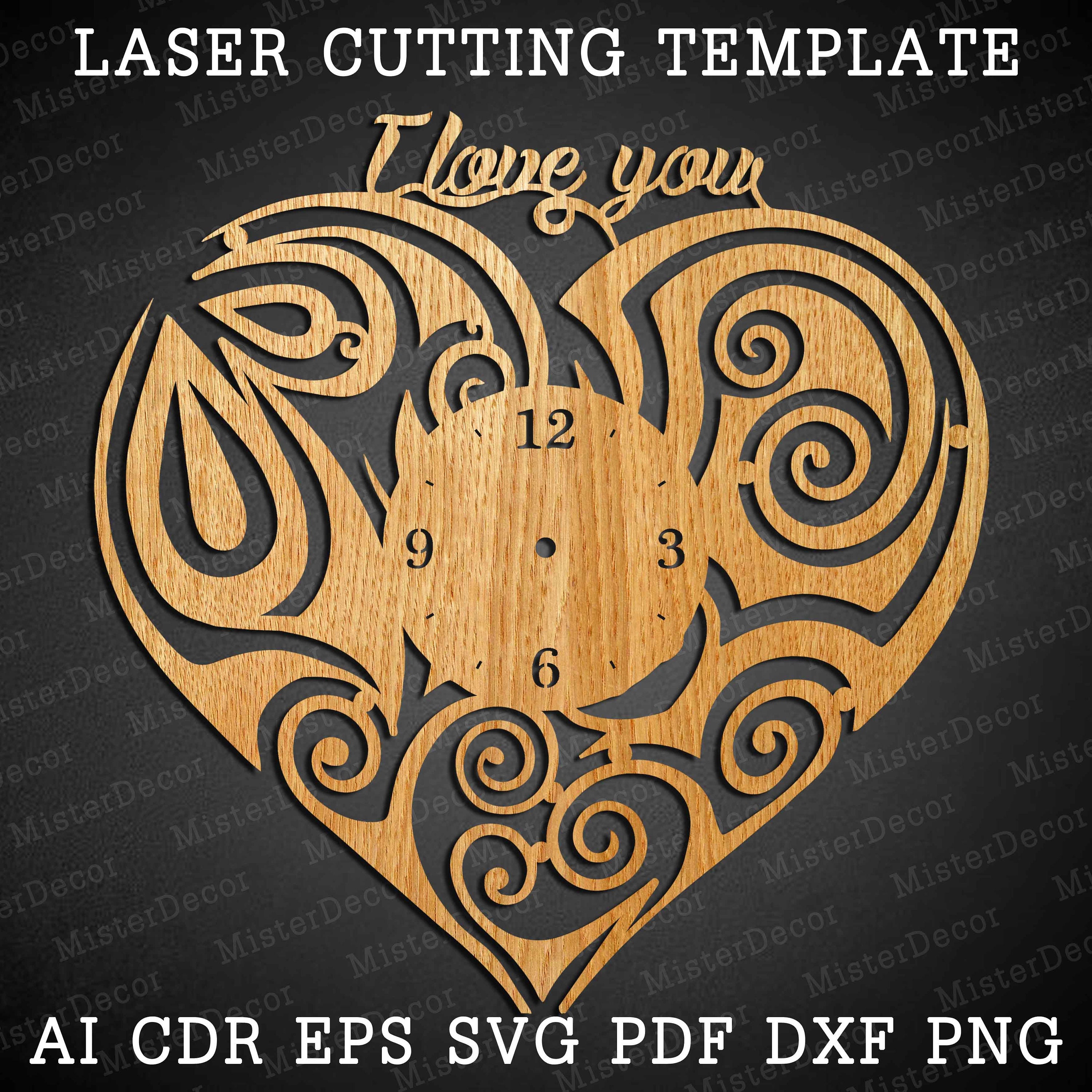 Love Heart Clock Laser Cut Files, SVG File. Vector File Ai, Cdr, Dxf ...