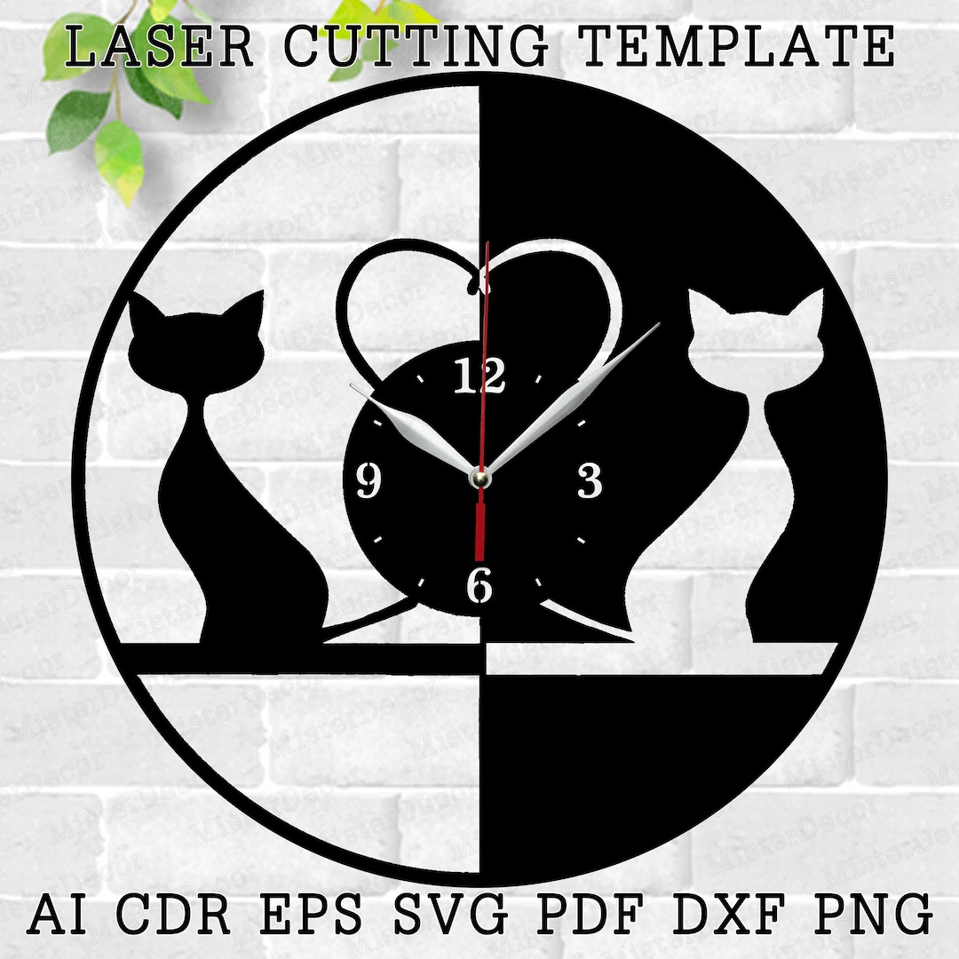 Cat Wall Clock Laser Cut Files, SVG File. Vector File Ai, Cdr, Dxf ...