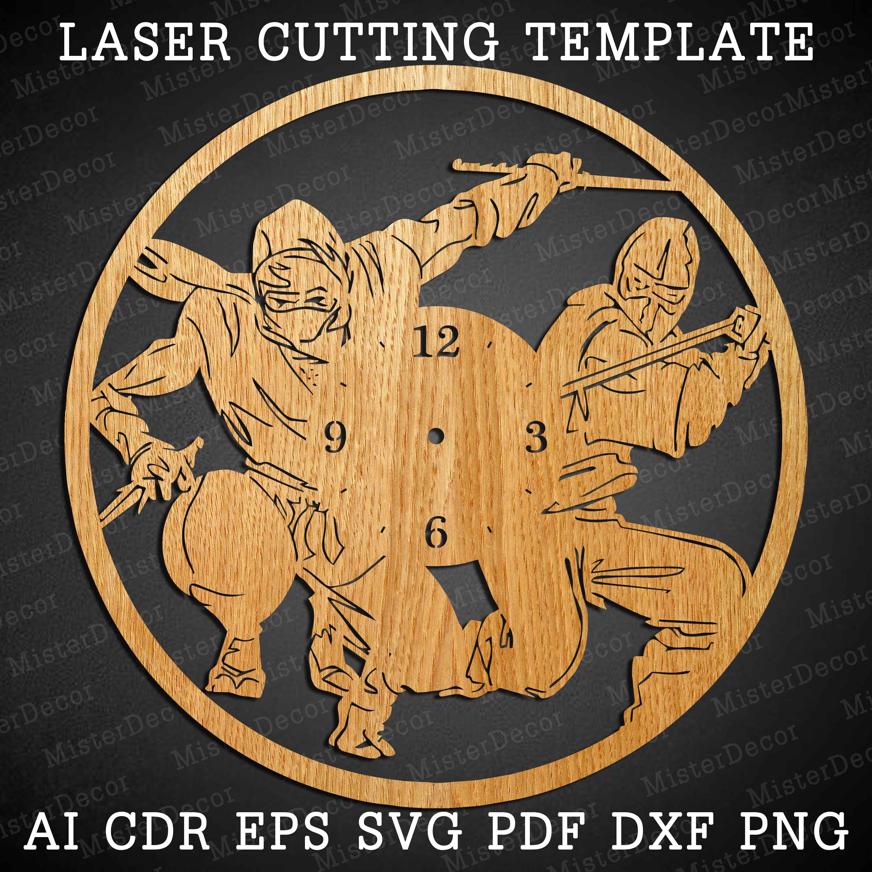 Ninja Clock Laser Cut Files, SVG File. Vector File Ai, Cdr, Dxf Instant ...