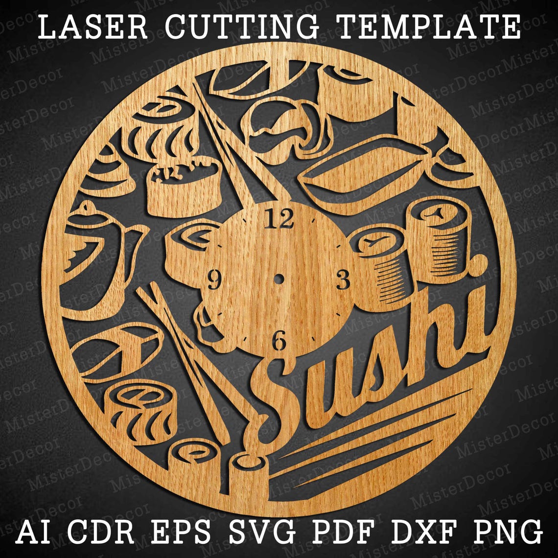 Sushi Clock Laser Cut Files SVG Vector File Ai, Cdr, Dxf, Eps, Pdf, Png ...