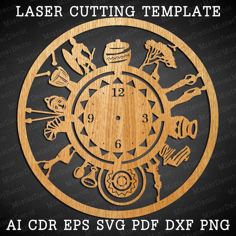 Africa Clock Laser Cut Files, SVG File. Vector File Ai, Cdr, Dxf ...