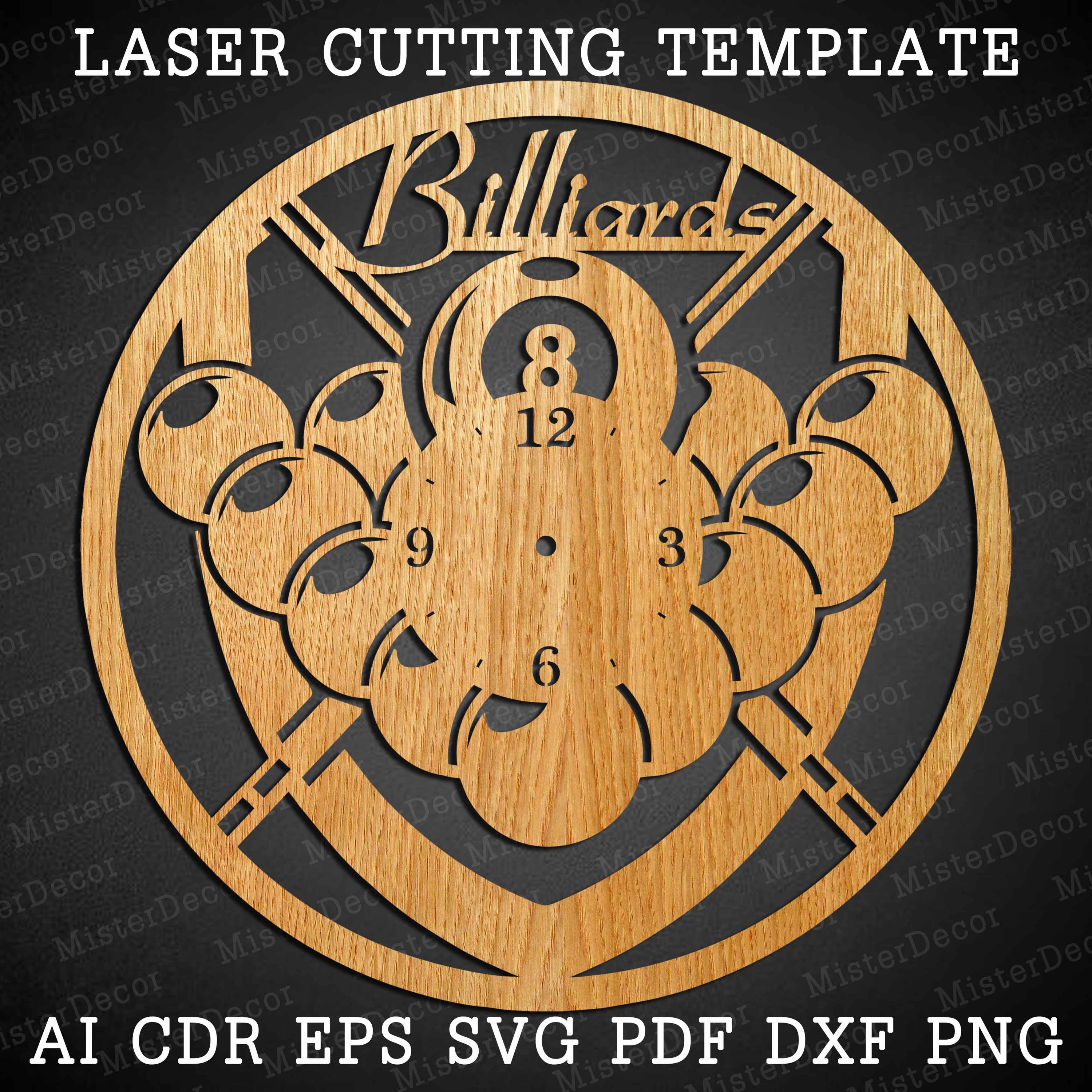 Billiards Clock Laser Cut Files SVG File Vector File Ai Cdr Dxf Instant ...