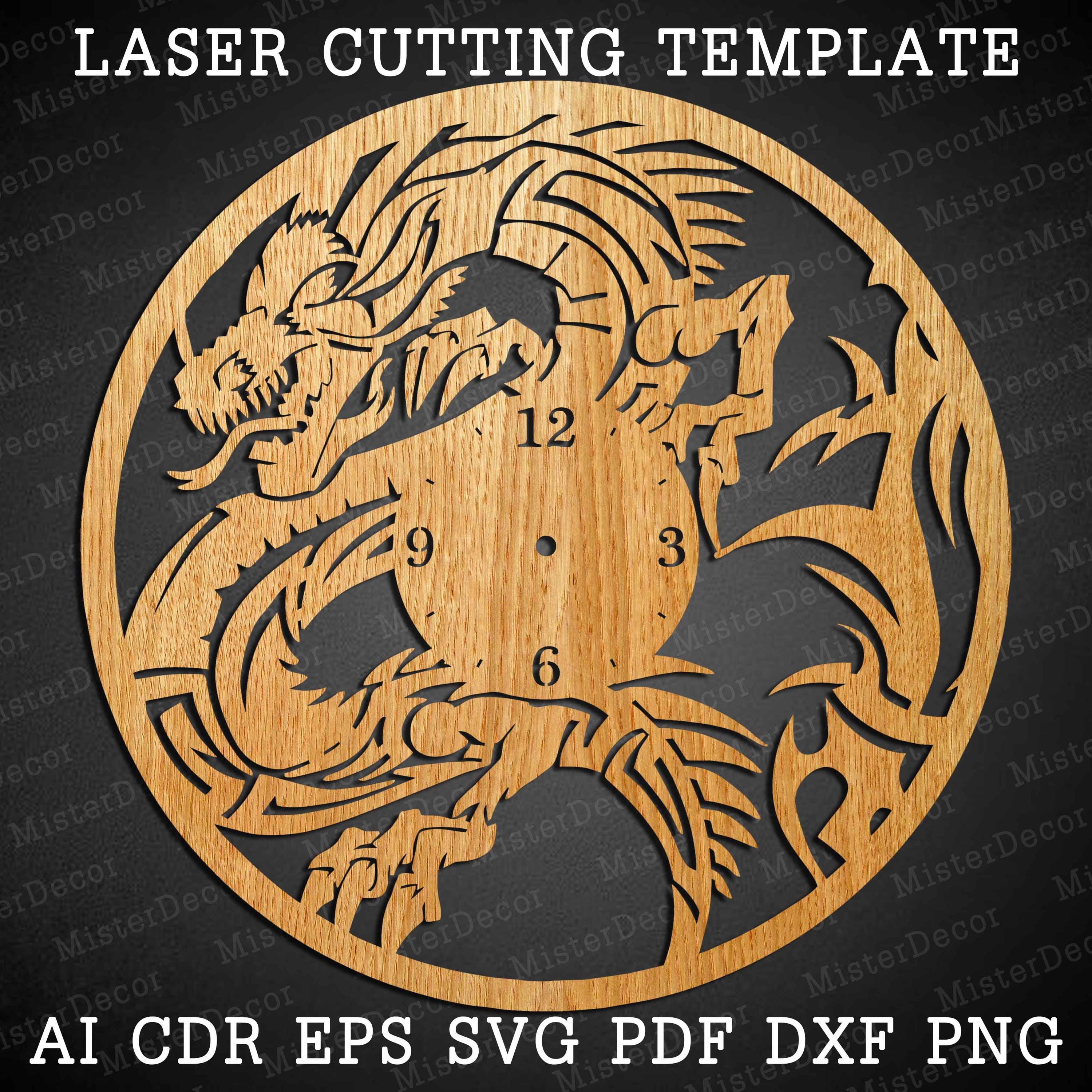 Dragon Clock Laser Cut Files SVG File Vector File Ai Cdr Dxf Instant ...