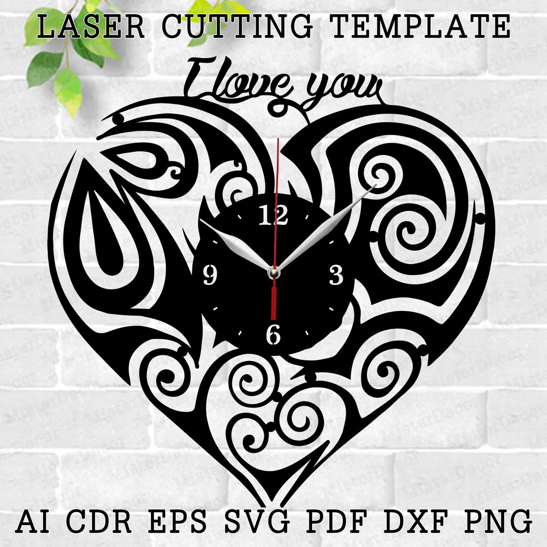 Love Heart Clock Laser Cut Files, SVG File. Vector File Ai, Cdr, Dxf ...