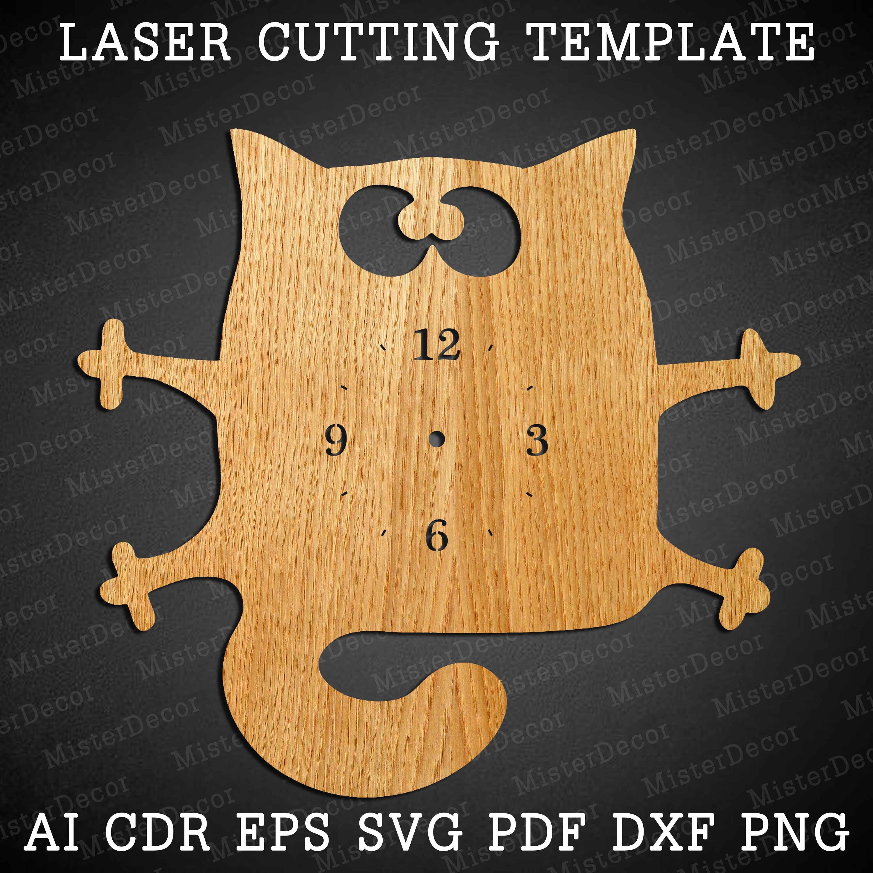 Cat Wall Clock Laser Cut Files, SVG File. Vector File Ai, Cdr, Dxf ...