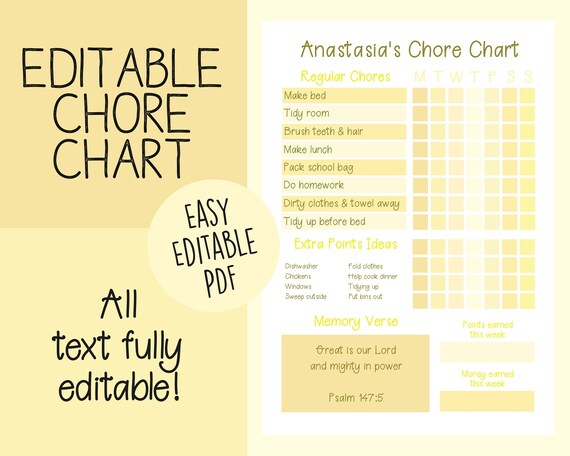 Editable Chore Chart Yellow Theme Customisable Weekly Job | Etsy