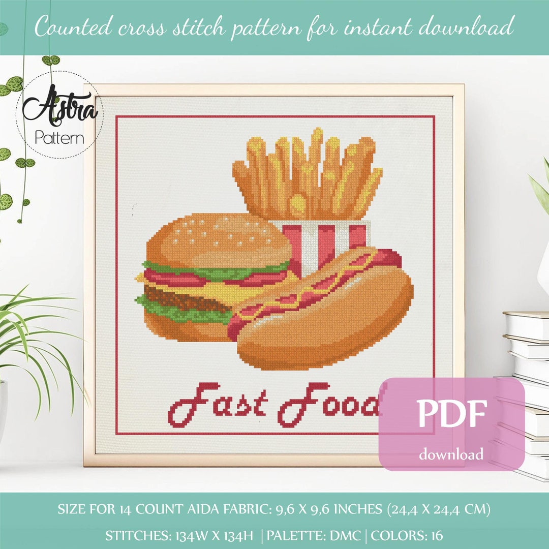 Fast Food Cross Stitch Pattern Digital Format - PDF, Burger Cross ...