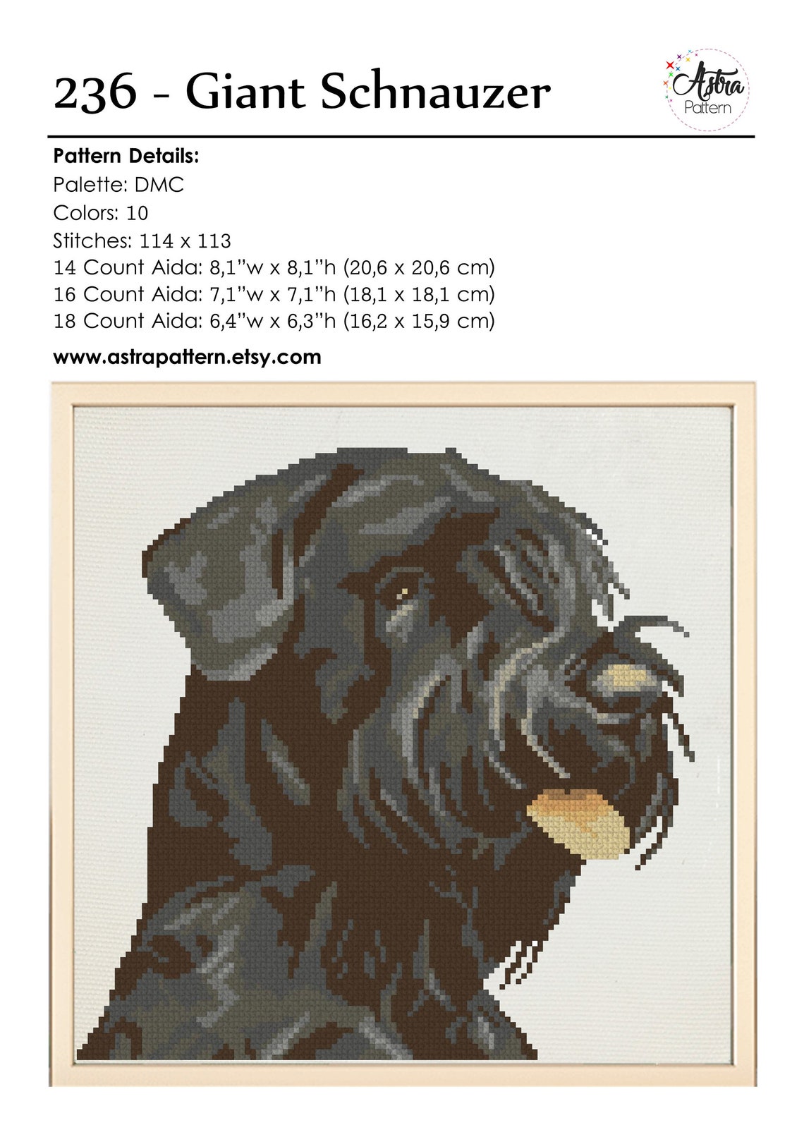 Schnauzer Cross Stitch Pattern Digital Format - PDF, Schnauzer Portrait ...
