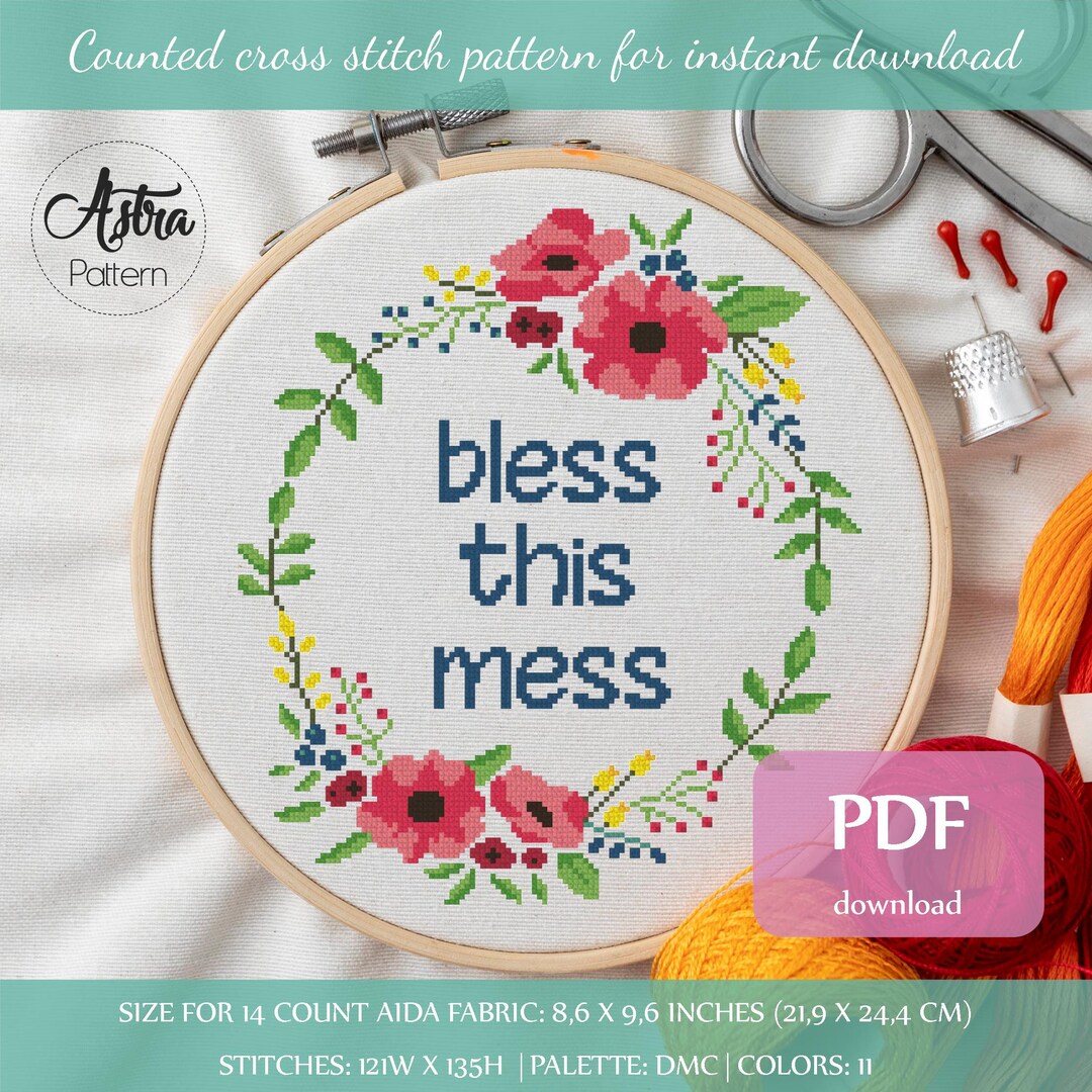 Bless This Mess Cross Stitch Pattern Digital Format - PDF, Funny Cross ...