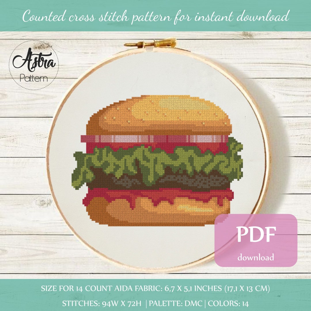 Hamburger Cross Stitch Pattern Digital Format - PDF, Fast Food Cross Stitch, Hamburger Cross ...