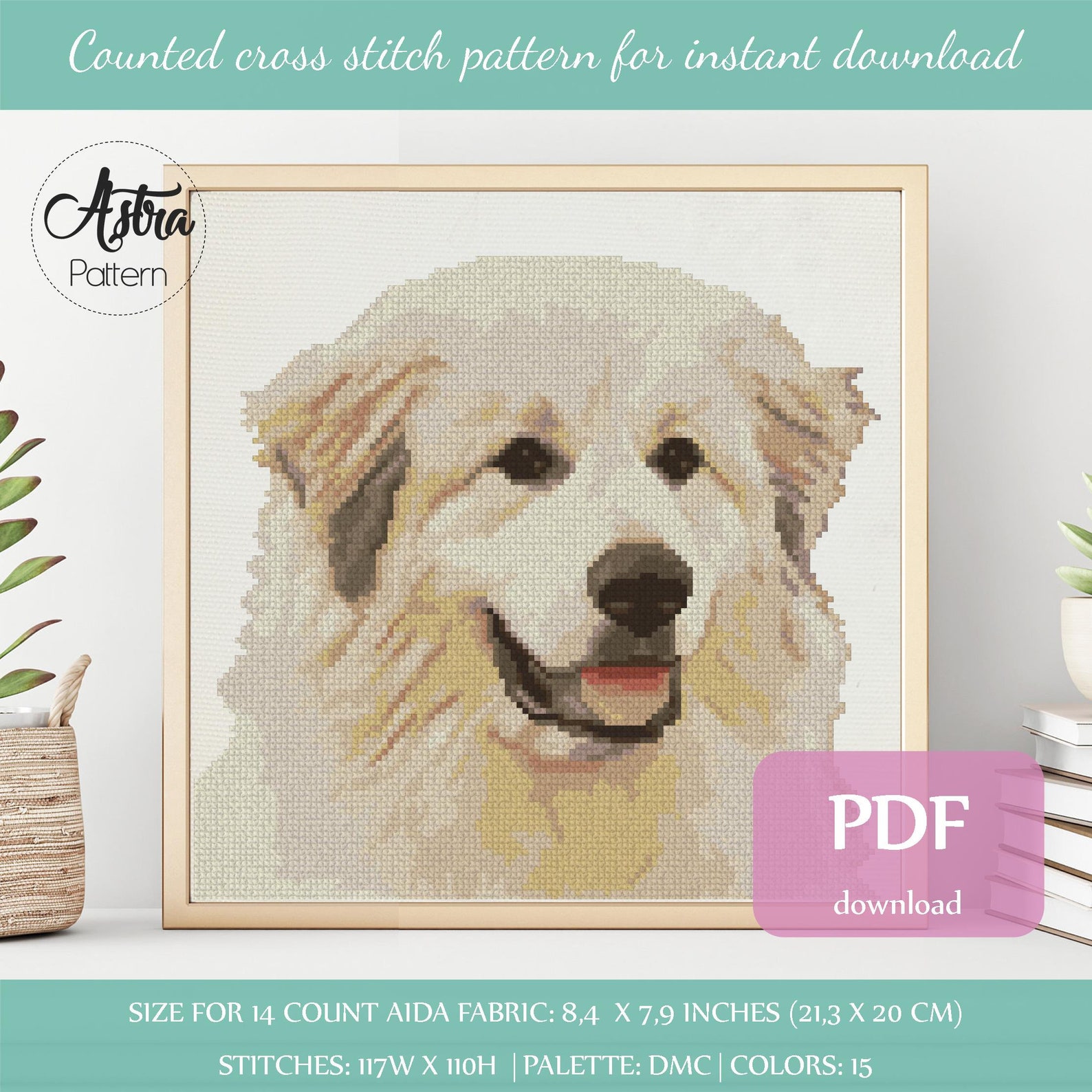 Great Pyrenees Cross Stitch Pattern Digital Format - PDF, Dog Portrait ...
