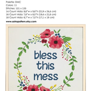 Bless This Mess Cross Stitch Pattern Digital Format - PDF, Funny Cross ...