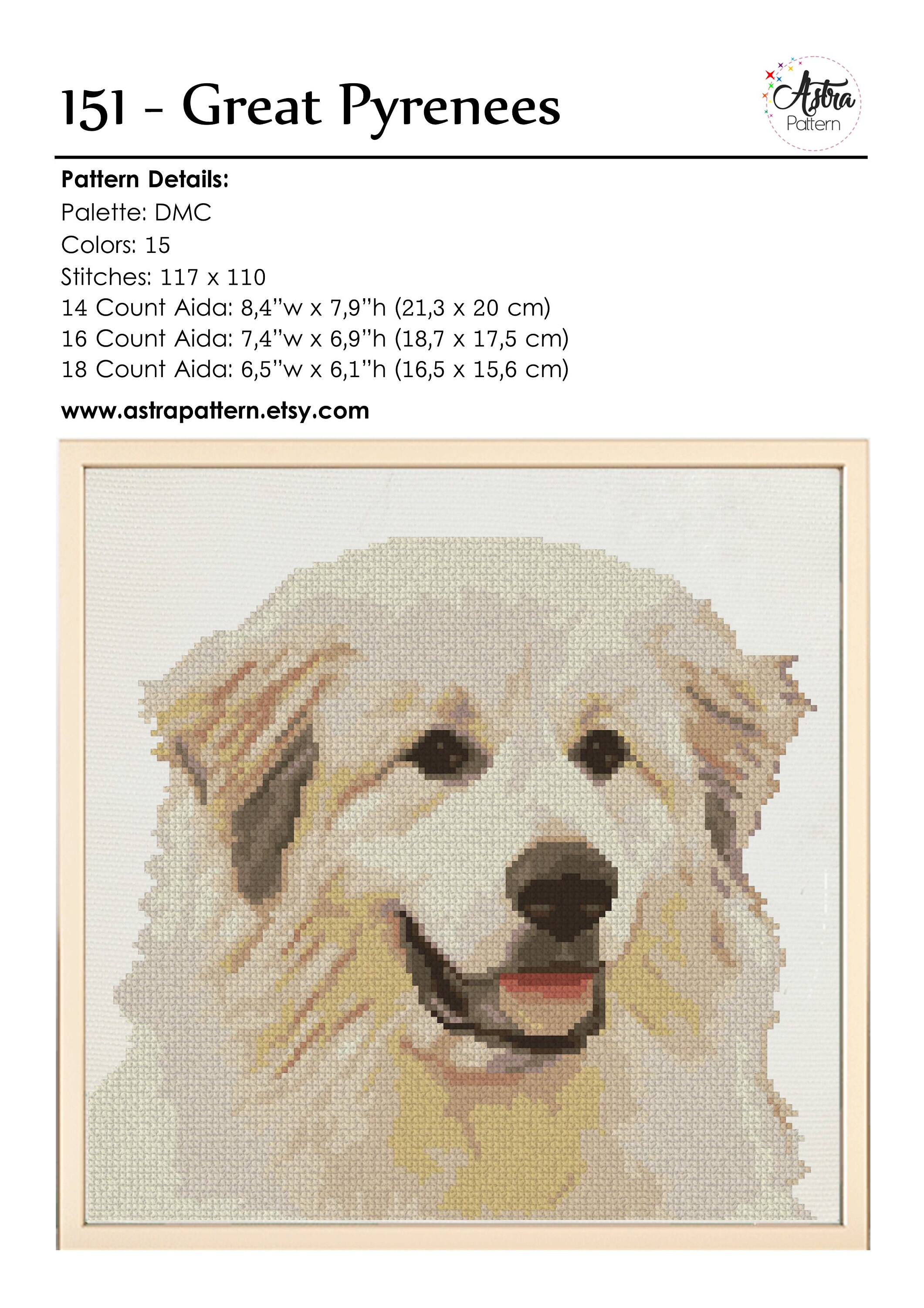 Great Pyrenees Cross Stitch Pattern Digital Format - PDF, Dog Portrait ...