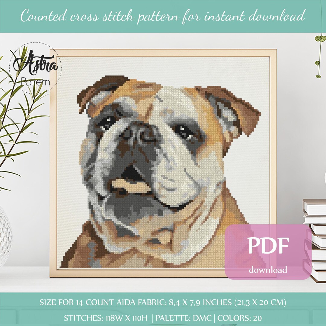 Bulldog Cross Stitch Pattern Digital Format - PDF, Bulldog Portrait ...