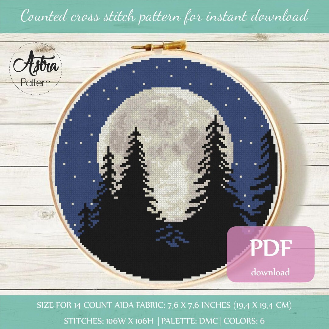 Full Moon Cross Stitch Pattern PDF, Forest Cross Stitch Pattern, Starry ...