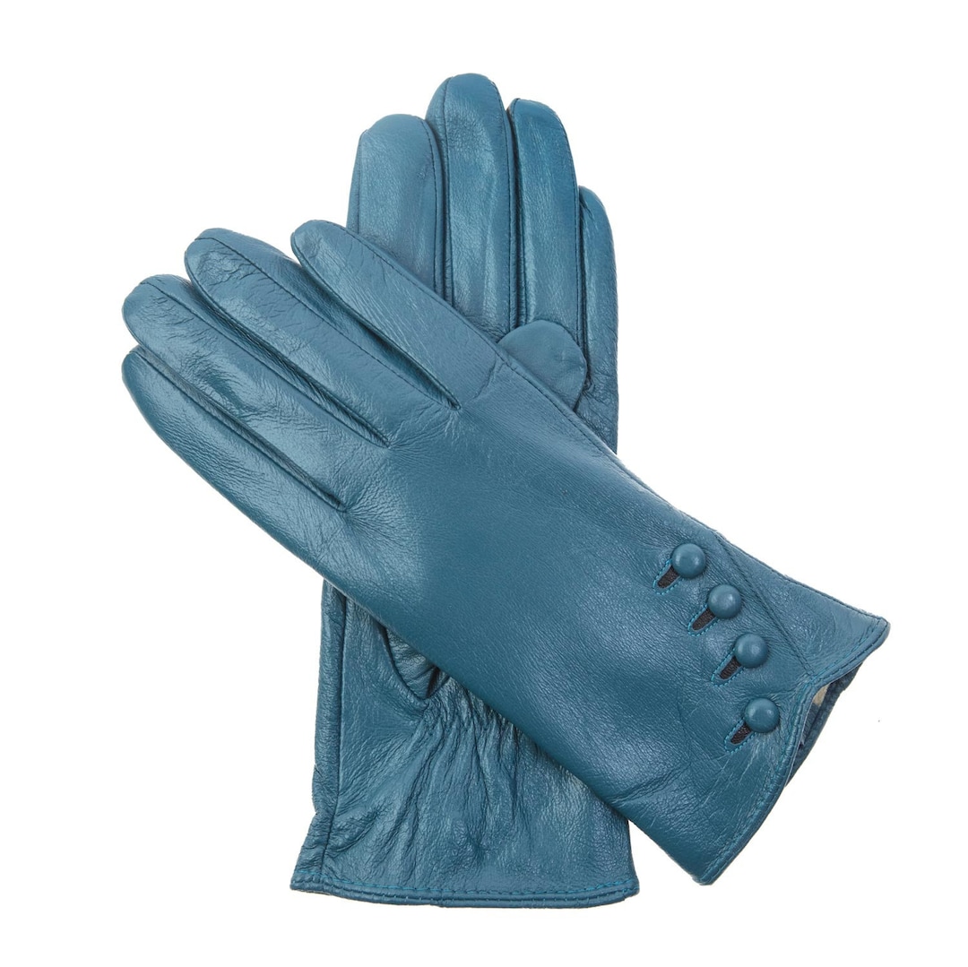 Petrol Blue Leather Gloves With Buttons - Herzogin, Colour Petrol ...