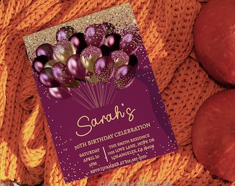 Maroon and Gold Balloons Invitation - Etsy