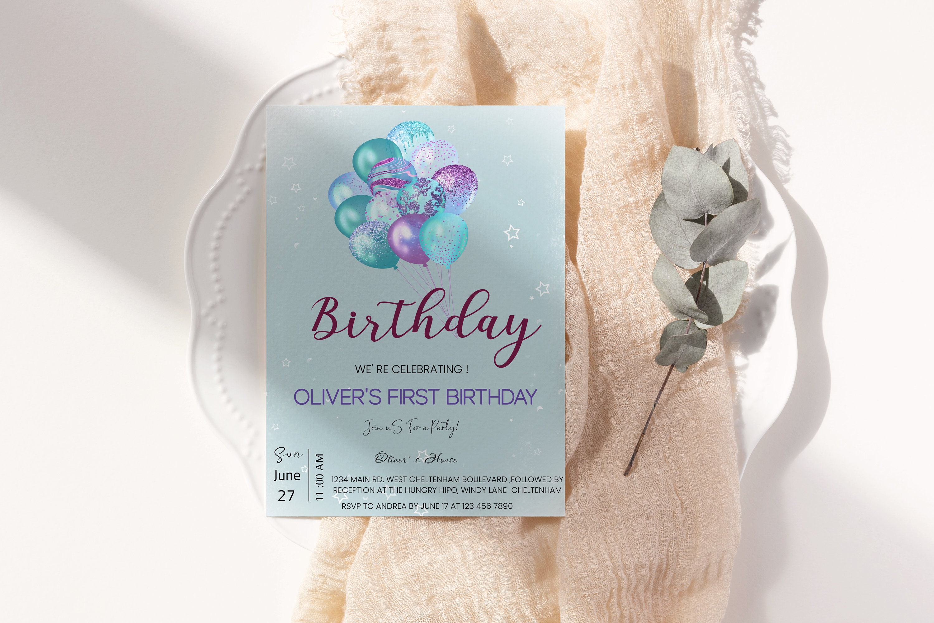 Editable Birthday Balloons Invitation Template, Baby Boy 1st First ...