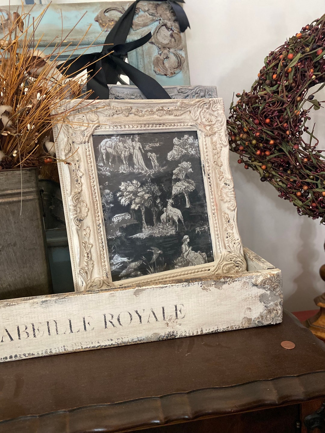 Black Toile English Garden Painted French Country Shabby Ornate 12x14.5 ...