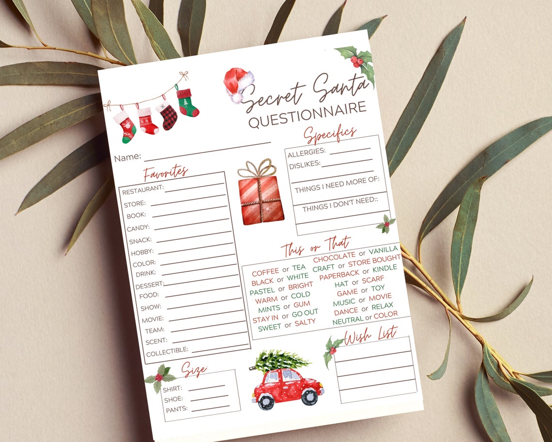 Printable Secret Santa Gift Exchange Questionnaire for - Etsy