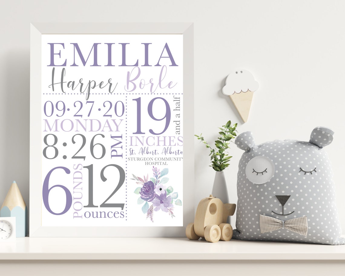 Purple Birth Stats Printable Nursery Decor Sign for Baby Girl ...