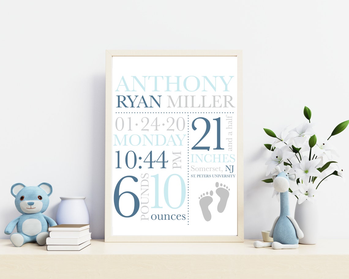 Blue Birth Stats Printable Nursery Decor Sign for Baby Boy- Light Blue ...