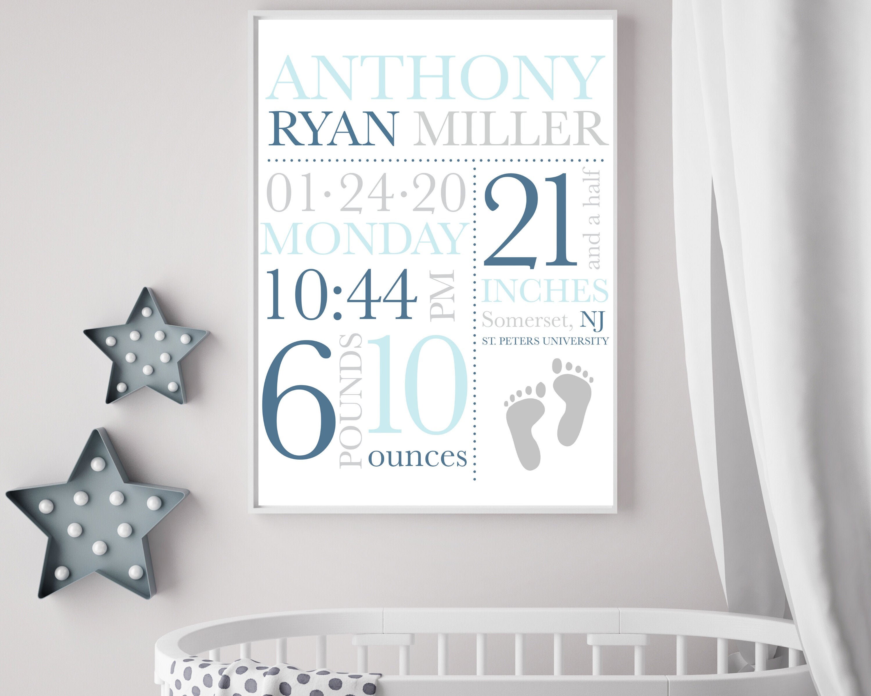 Blue Birth Stats Printable Nursery Decor Sign for Baby Boy- Light Blue ...