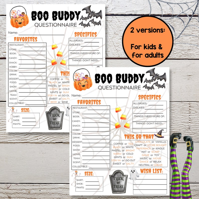 Printable Halloween Boo Buddy Gift Exchange Questionnaire for Spooky ...